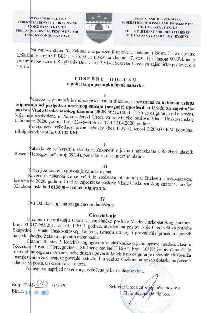 Posebna odluka o pokretanju postupka javne nabavke - VLADA USK